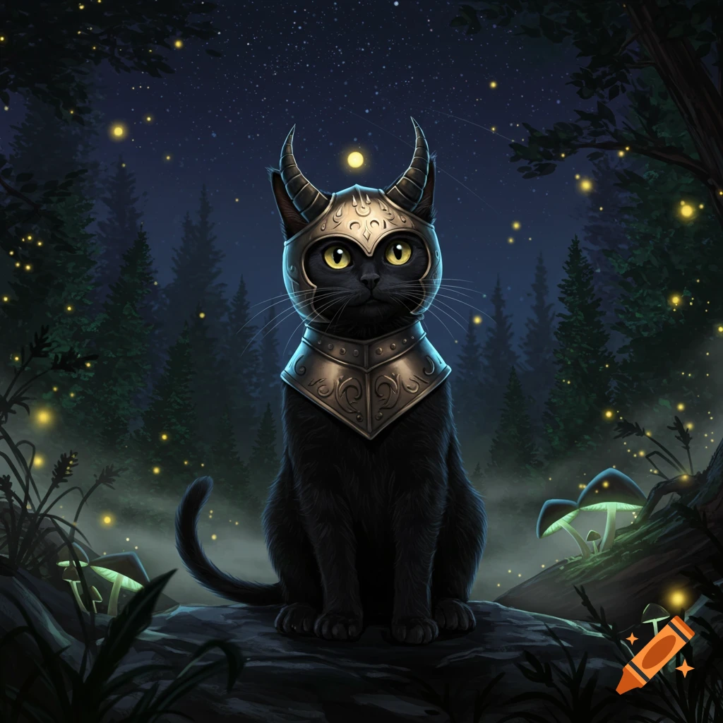 A black cat wearing a gold horned helmet and armor sits on a log in a ...