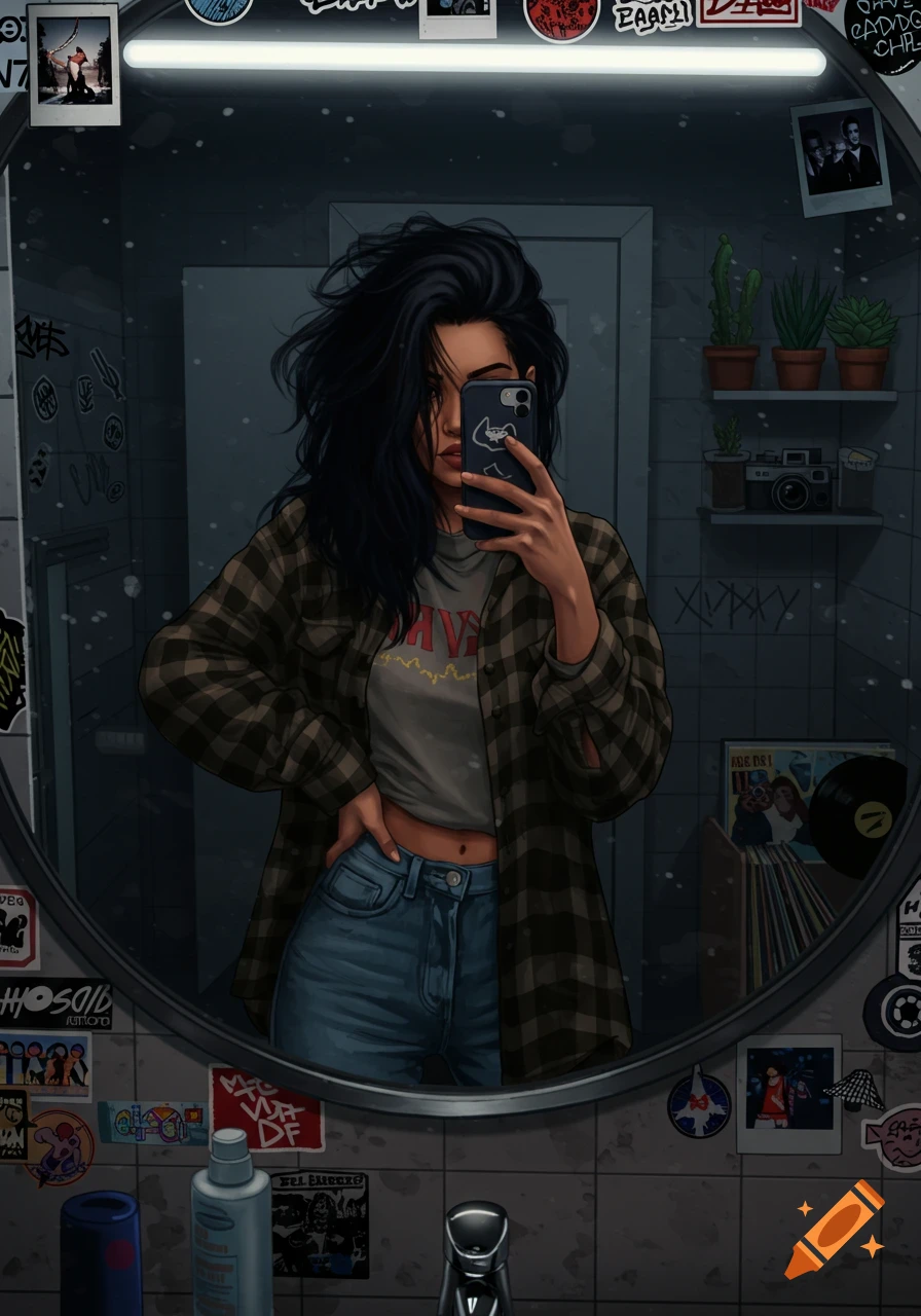 Illustration of a dark-haired woman in a plaid shirt taking a mirror selfie in a grunge-style ...