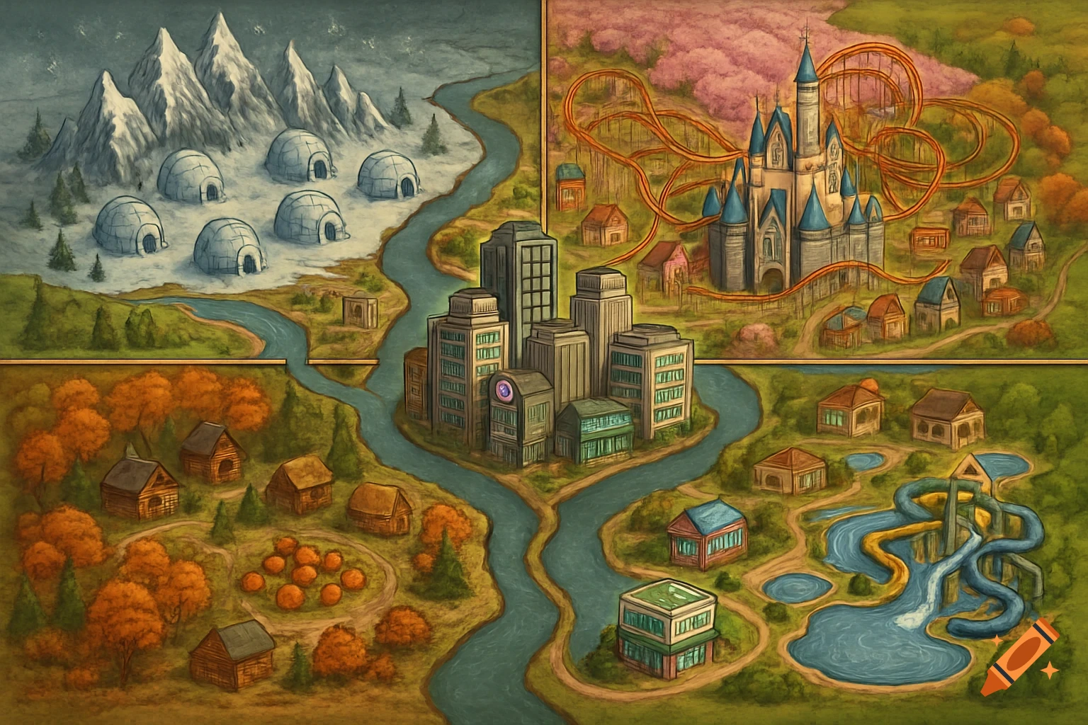 Colorful illustrated map with four seasonal regions (winter, spring ...