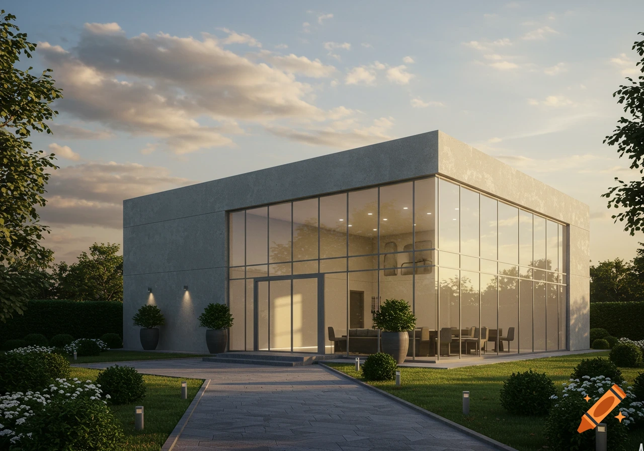 A modern building facade featuring a mix of stone and large blue glass ...