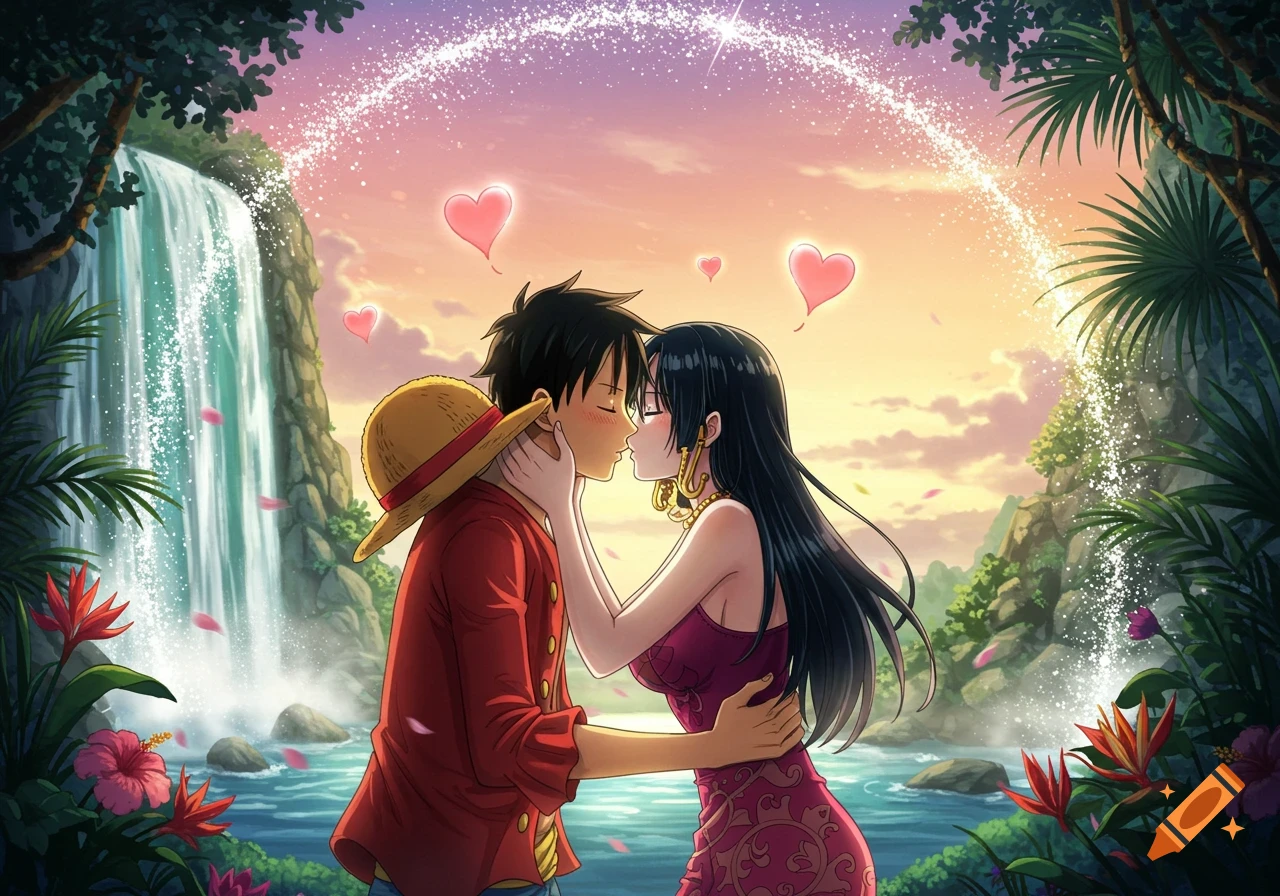 Anime characters Luffy and Hancock kiss in front of the Eiffel Tower at ...