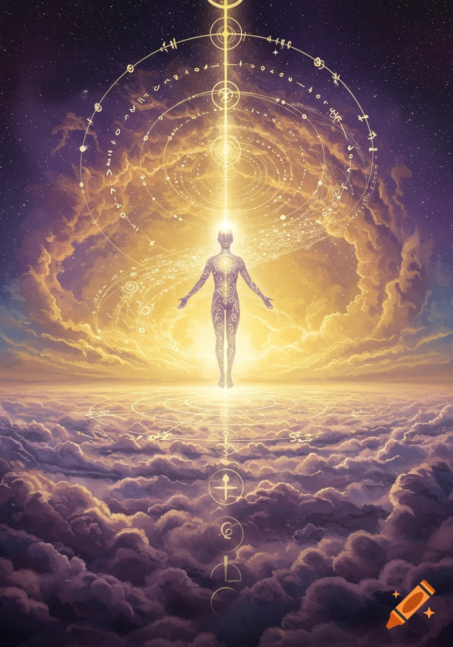 A glowing, stylized human figure floats above purple clouds, centered ...