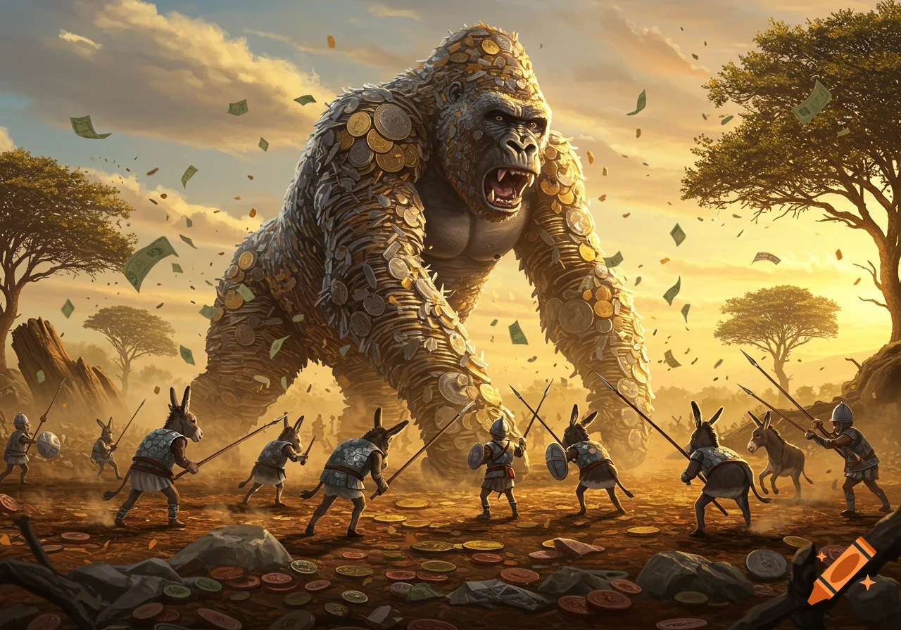 A colossal gorilla made of gold coins and money bills roars ...