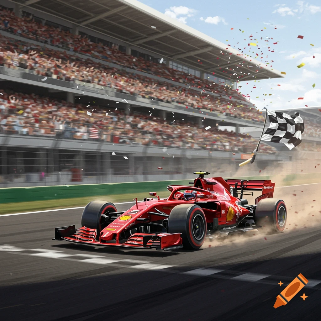 A vibrant, graffiti-painted Formula 1 car with blue-ringed tires races ...