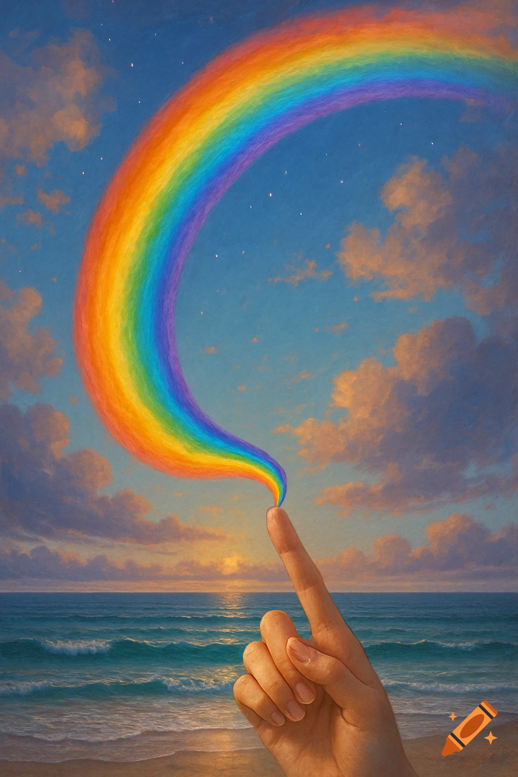 Photorealistic image of a vibrant double rainbow arching over a serene ...