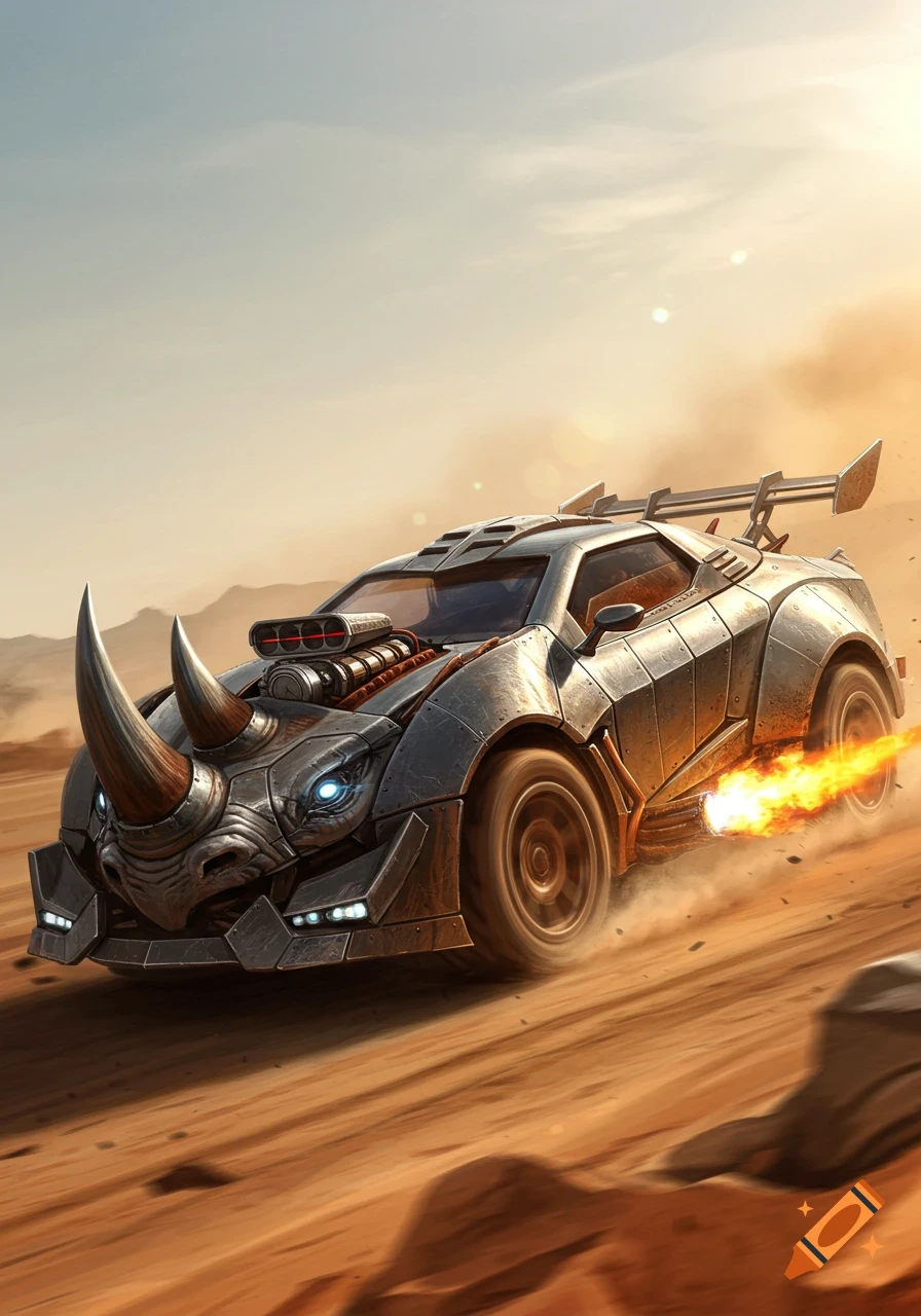 A sci-fi rhino car with glowing eyes and fiery exhaust races through a ...