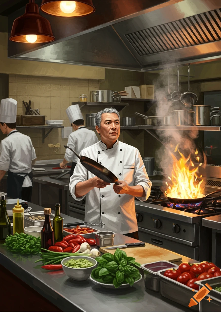 A chef cooks in a busy kitchen, holding a pan over a large flame, with ...