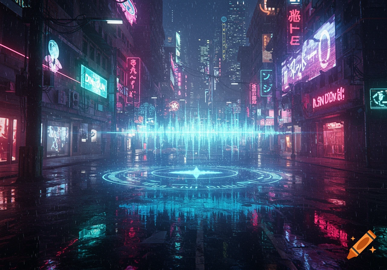 A neon-lit cyberpunk city at night with towering skyscrapers, a flying ...