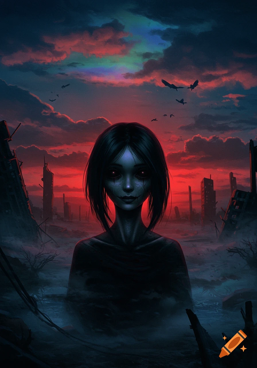 A woman with bloody hands sits on a wooden crate in a ruined city at ...