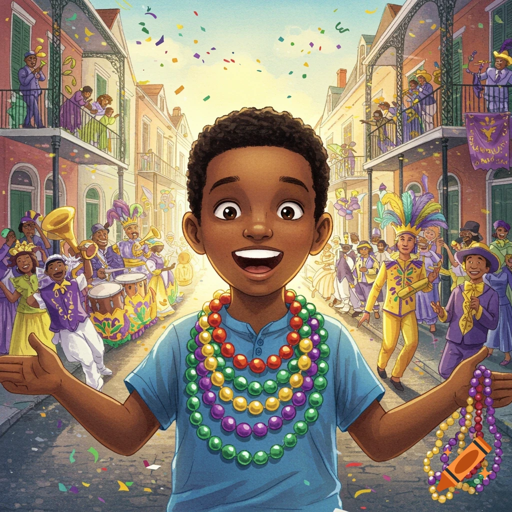 A joyful young Black boy wearing many Mardi Gras beads smiles widely in ...