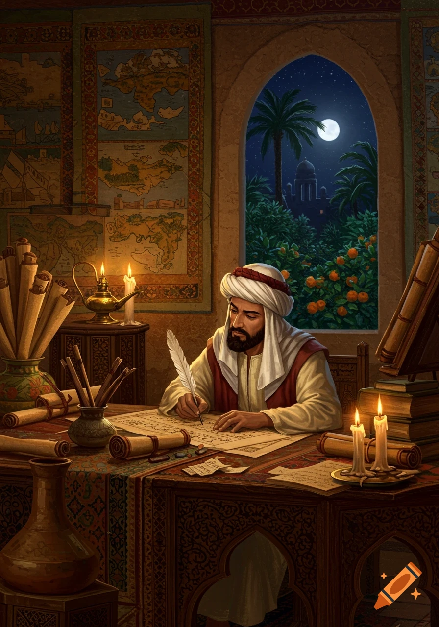 A bearded man in a turban and robes sits at a wooden desk, writing on ...