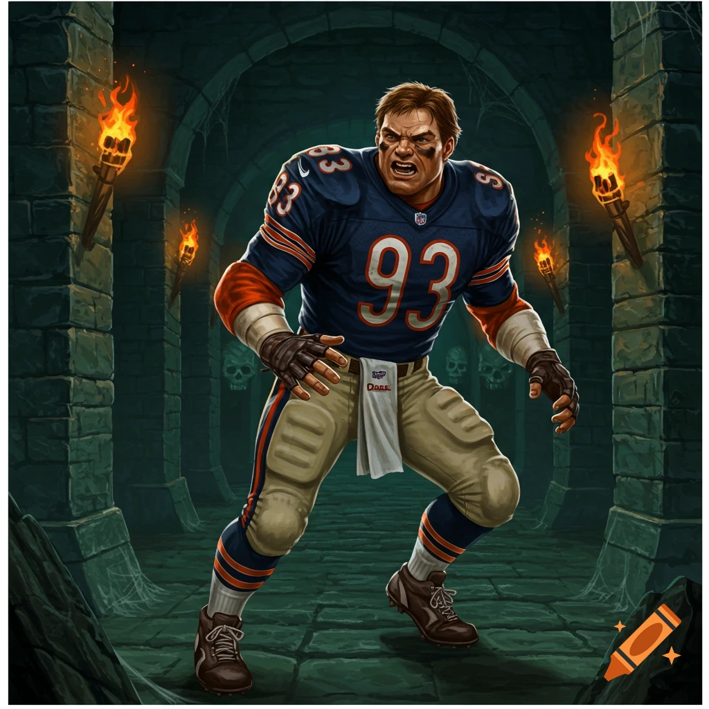 A muscular man in a blue and orange Chicago Bears football uniform with ...