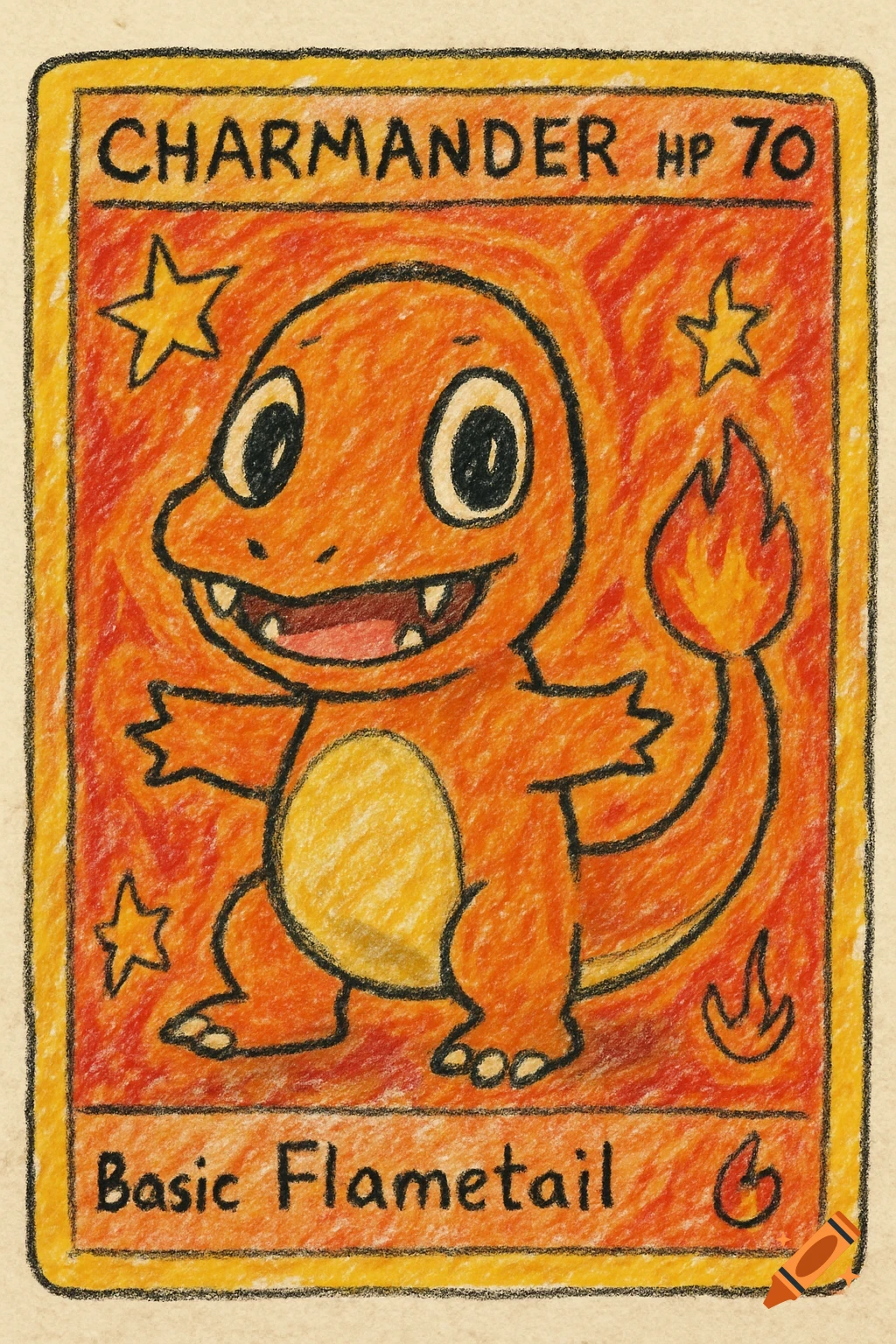 Crayon drawing of a Charmander Pokemon card, with the text 'CHARMANDER ...