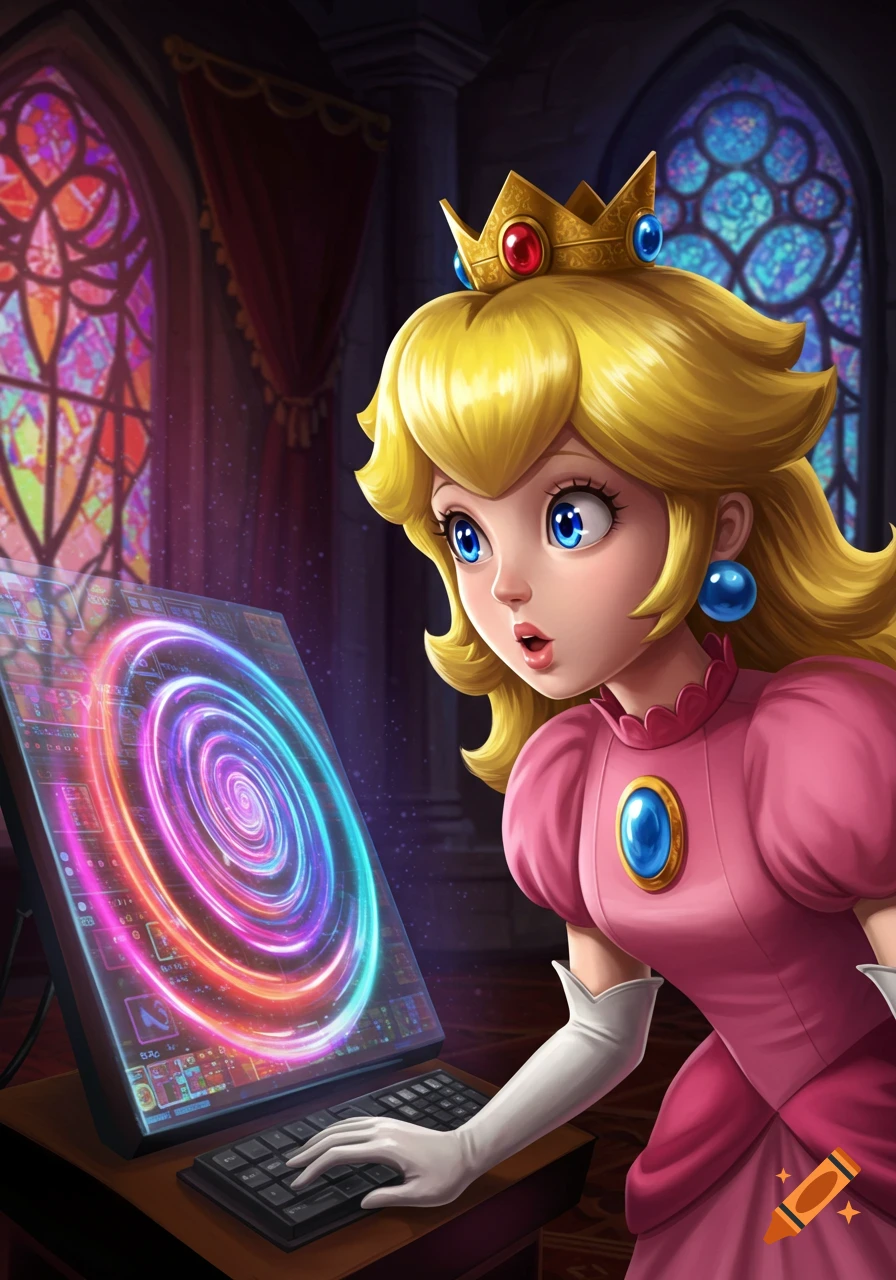 Princess Peach looks surprised at a glowing screen with a colorful ...
