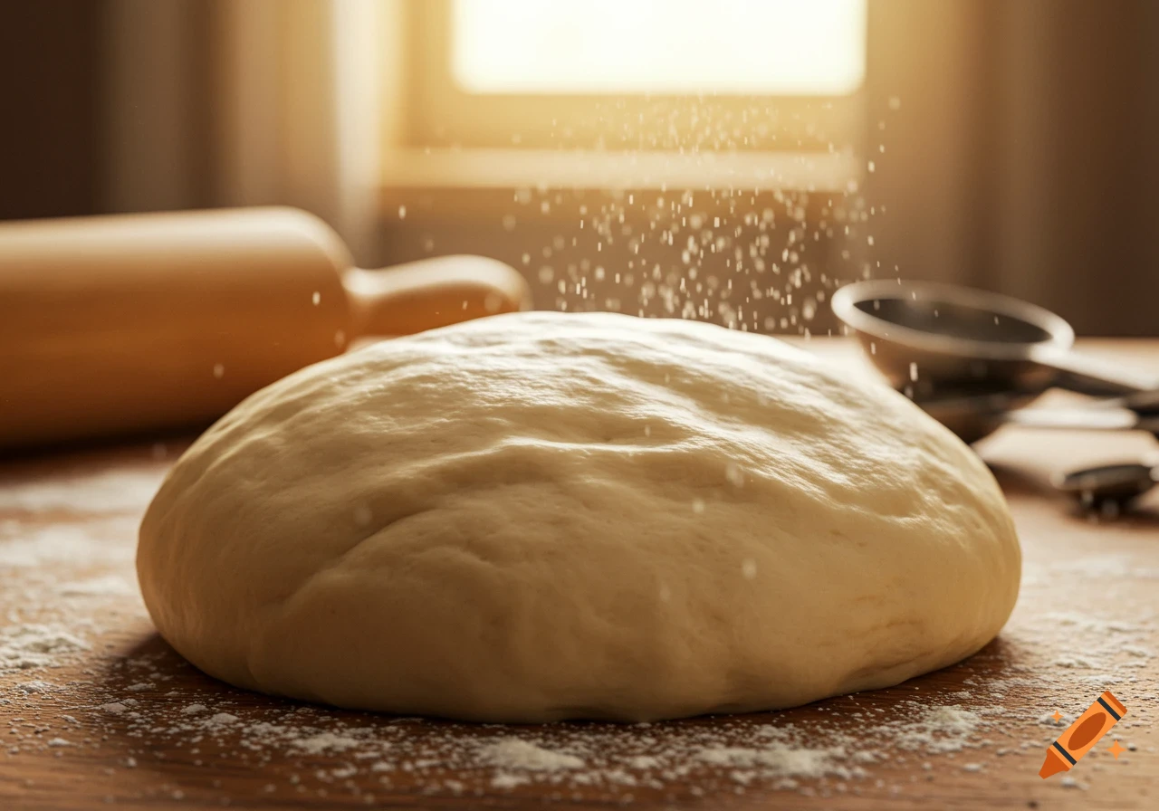 A warm, golden-brown bun on a floured wooden board, with a rolling pin ...
