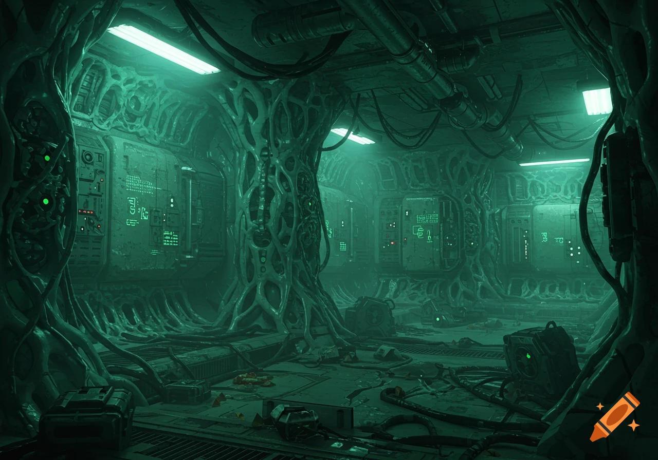 A dark, eerie sci-fi room with organic, root-like structures growing ...