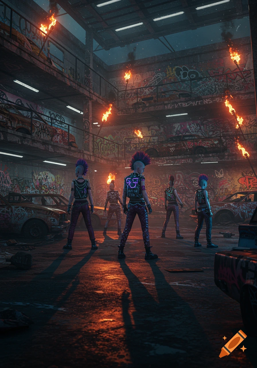 A group of determined workers in a factory setting, holding flags with ...