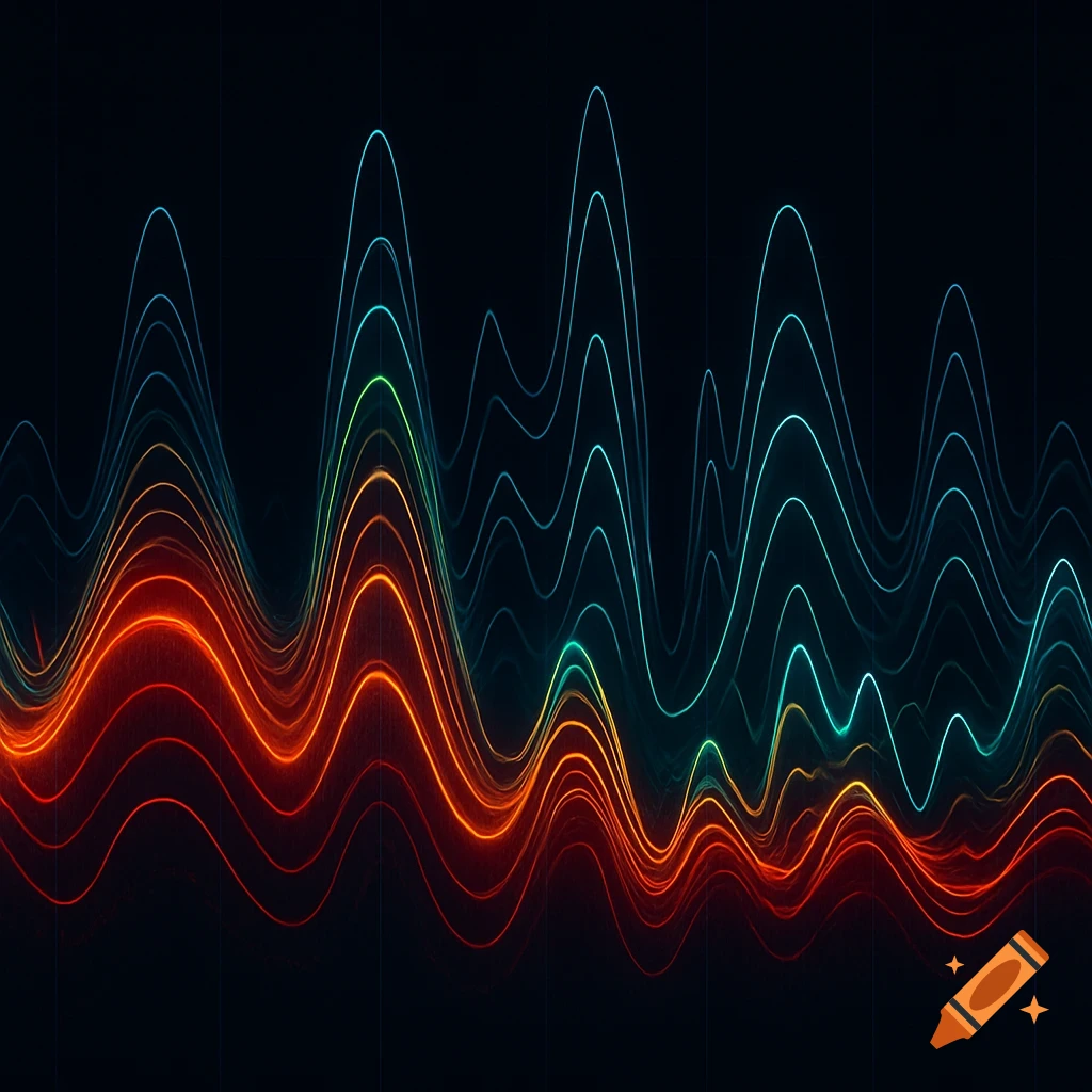 Abstract visualization of sound waves and light with a central glowing ...