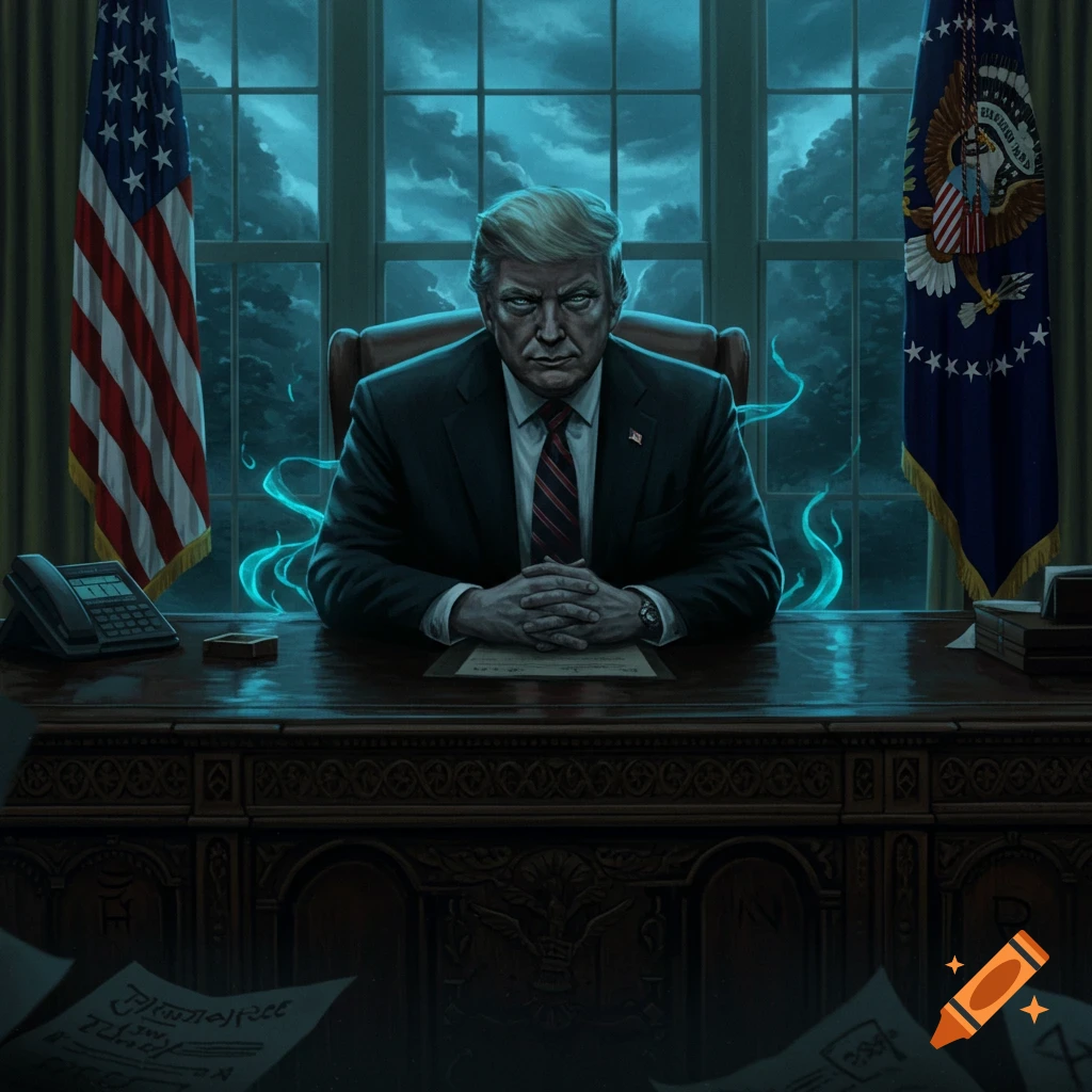 An ominous, dark art depiction of Donald Trump as a sinister president ...