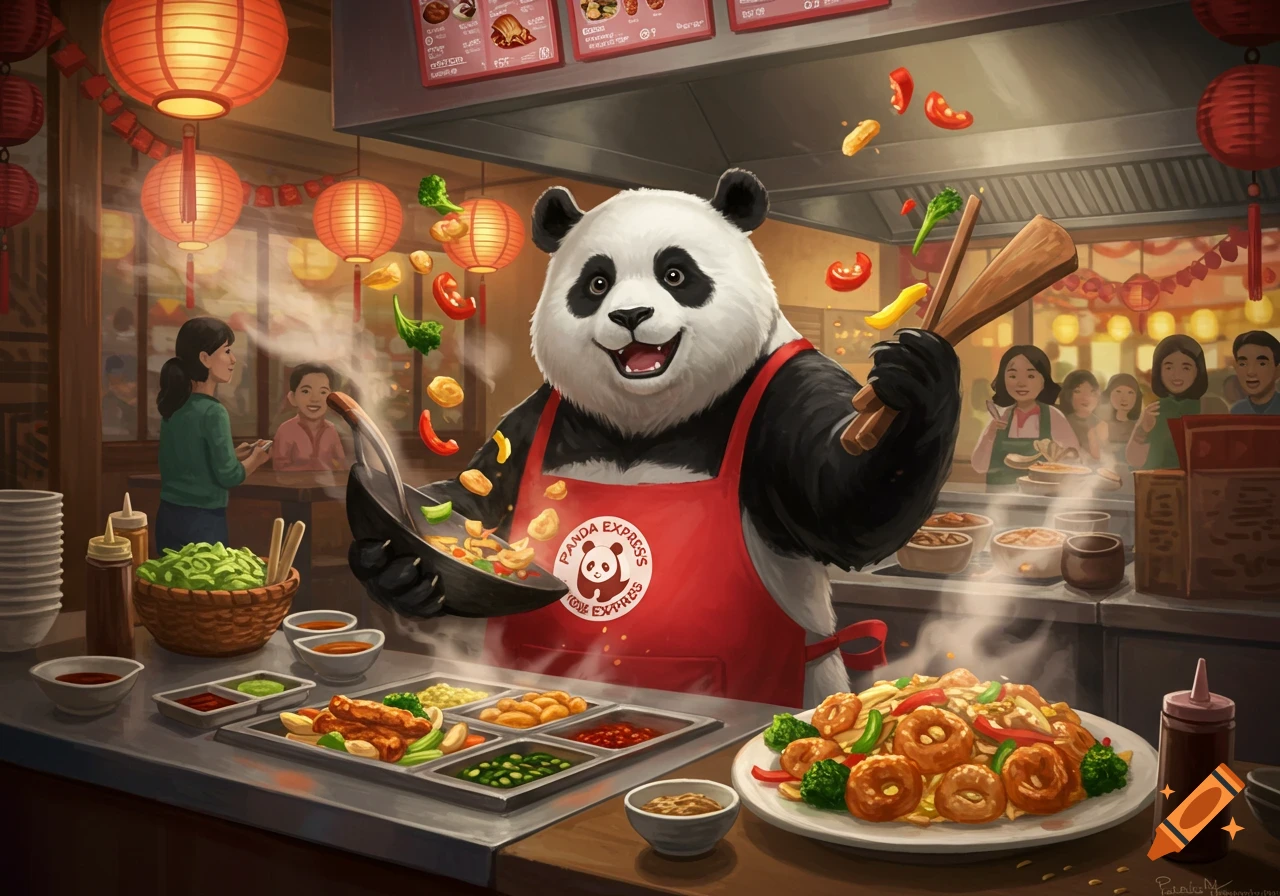 A cheerful cartoon panda chef cooks stir-fry in a wok at a Panda ...