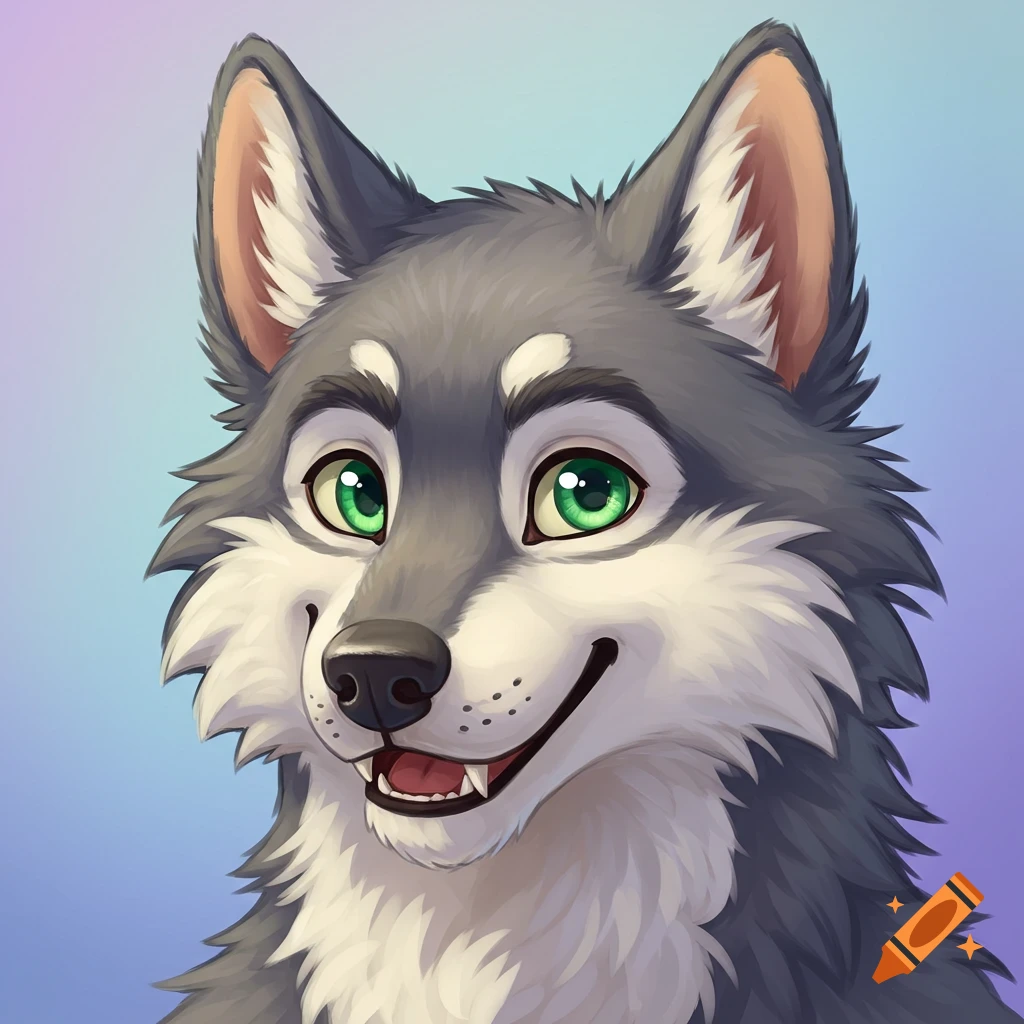 A friendly cartoon wolf with green eyes and a smiling face, rendered in ...