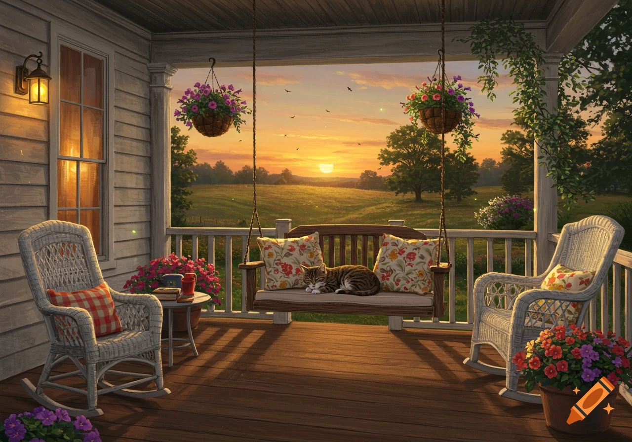 A picturesque country porch scene at sunset. A tabby cat sleeps on a ...