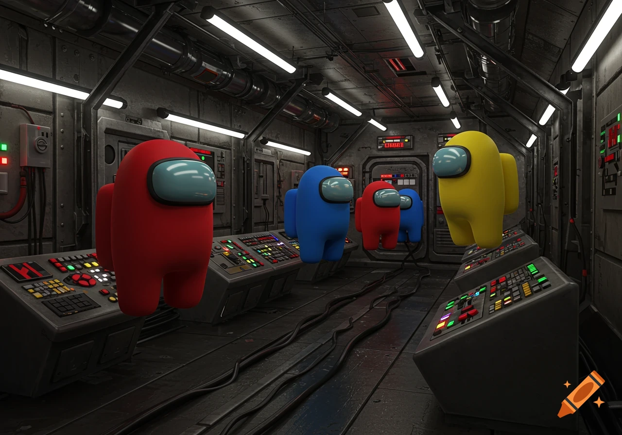 Red, blue, and yellow Among Us characters stand among control panels in ...