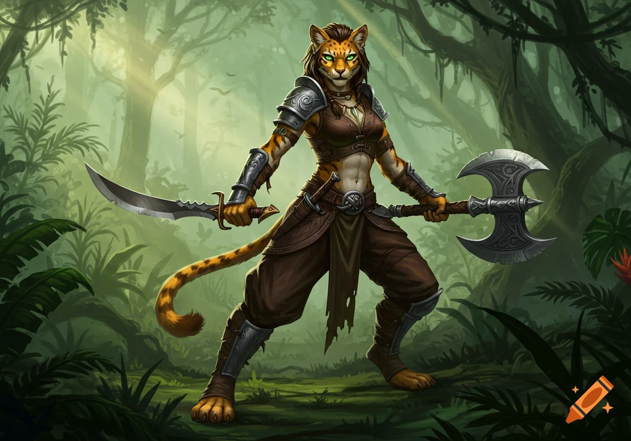 A female tabaxi warrior with green eyes, holding a scimitar and a ...