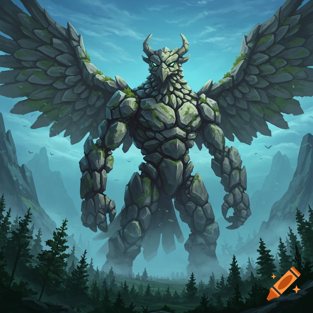A giant winged rock monster with glowing green eyes stands in a misty ...