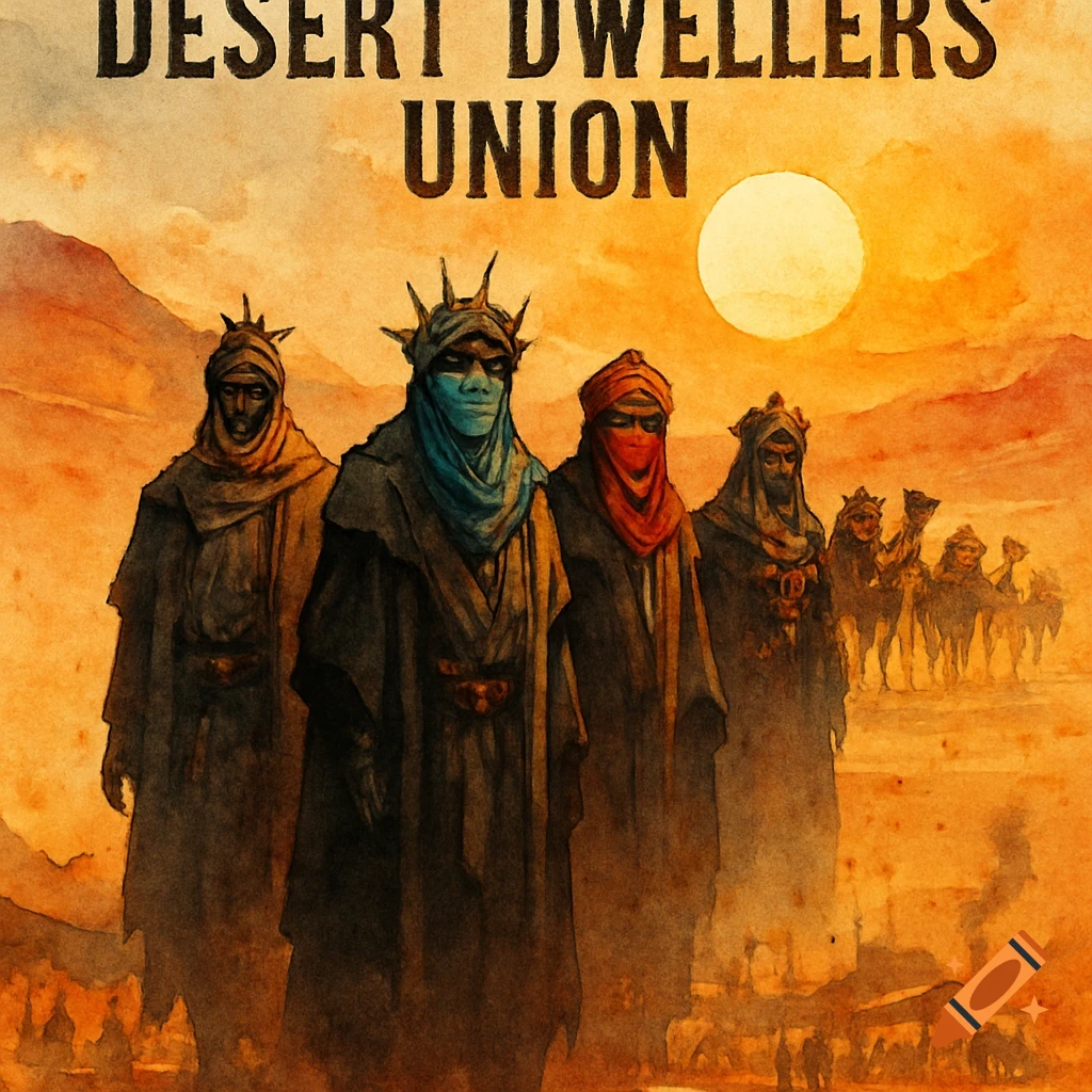 Four robed figures with head coverings and crowns stand in a desert ...