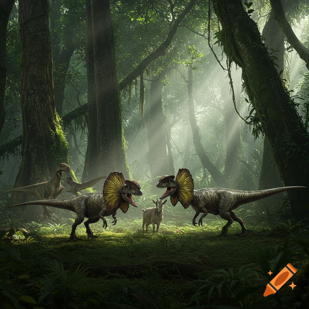 Two frilled Dilophosaurus dinosaurs confront a goat in a misty, sun ...