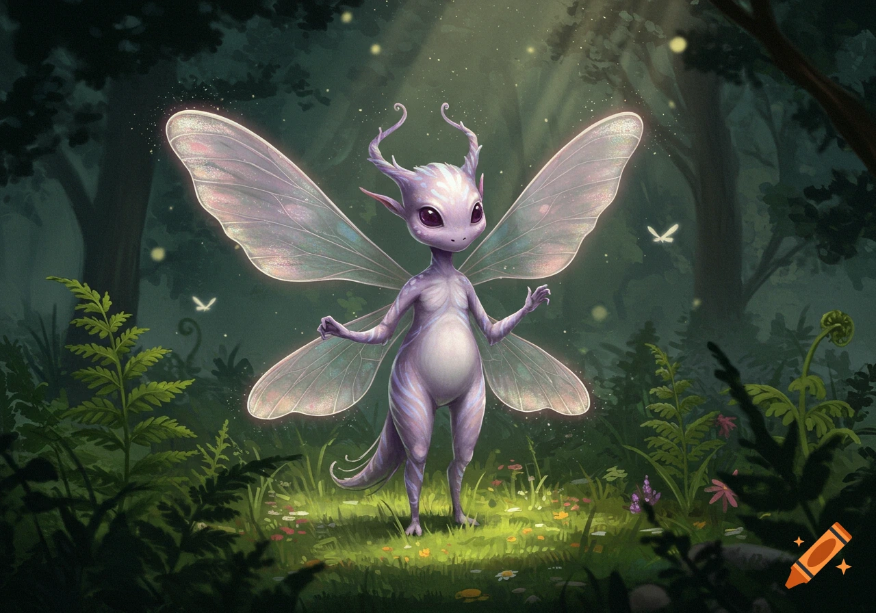 A cute, purple fairy creature with large translucent wings stands in a ...