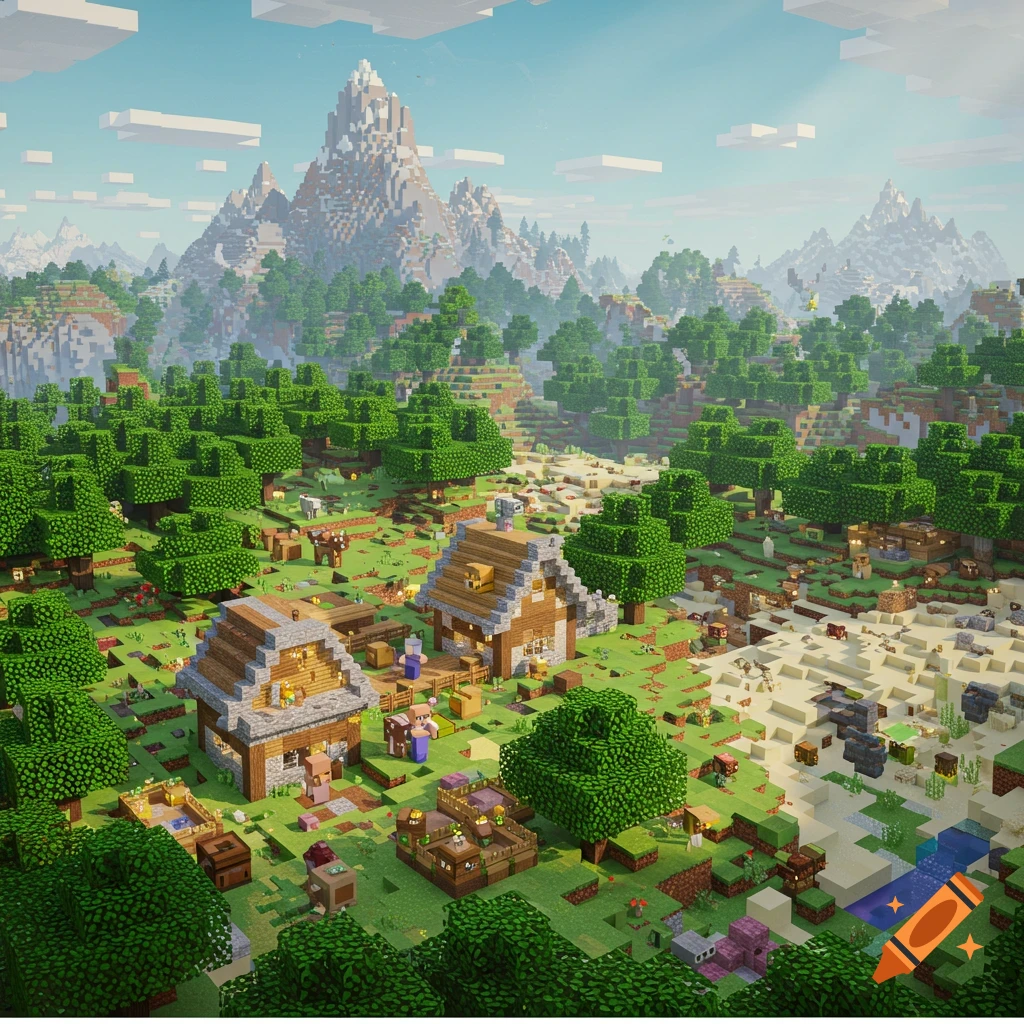 A detailed, blocky Minecraft-style village nestled in a valley with ...