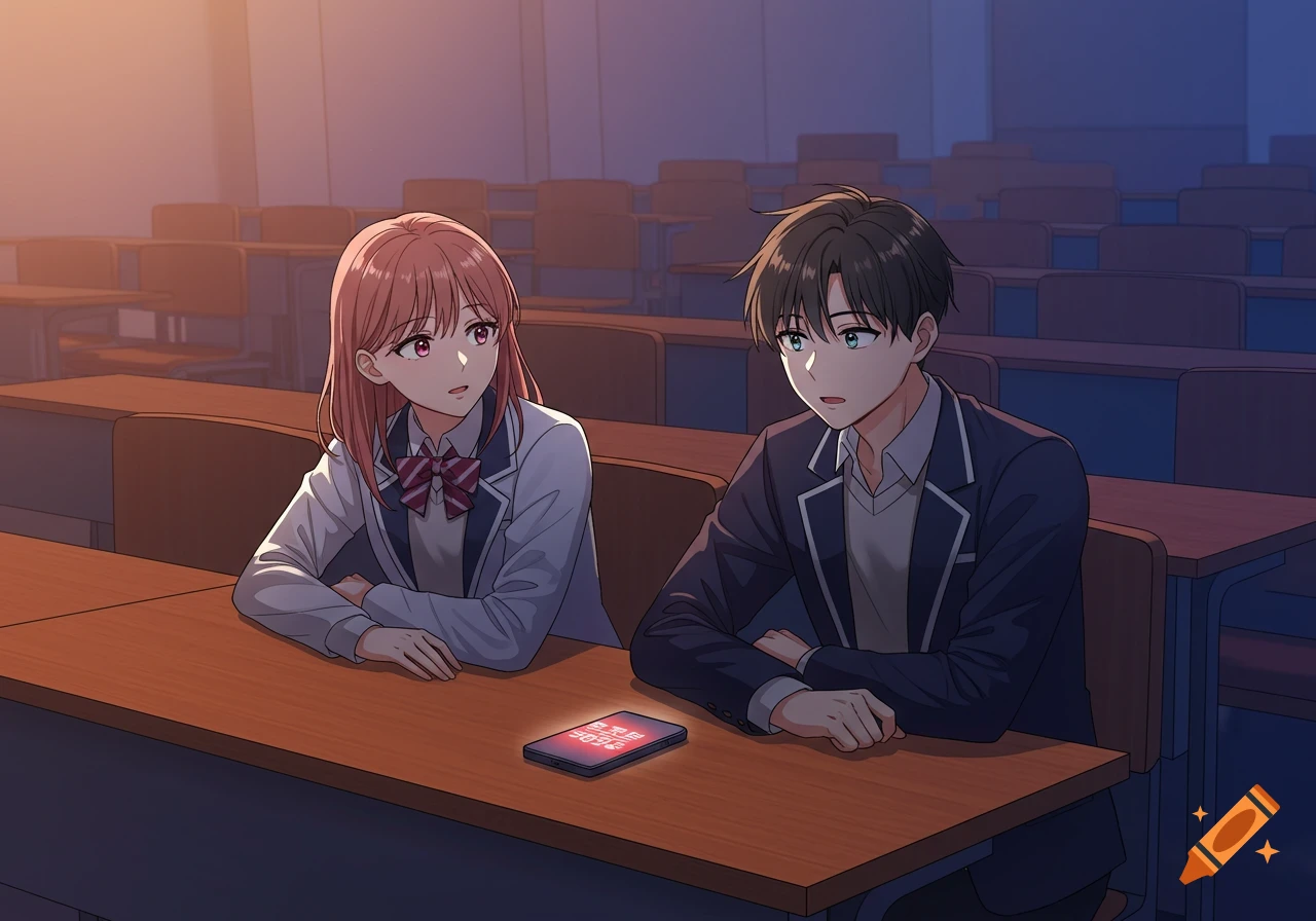 Digital manhwa illustration of two university students, a girl and a ...