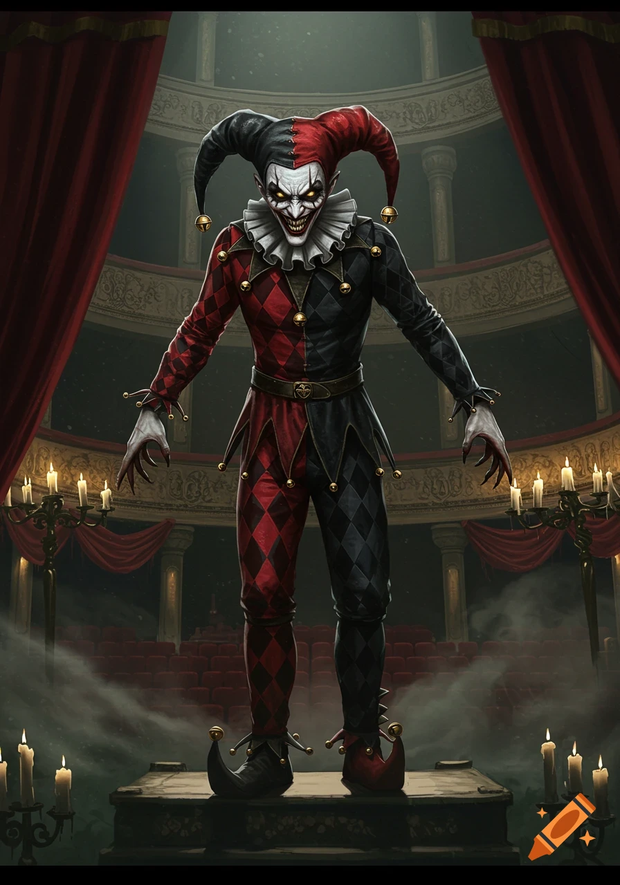 An evil jester in a red and black harlequin costume with glowing eyes and sharp teeth stands on ...