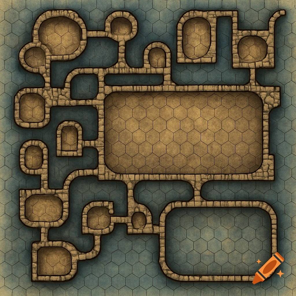 Top-down fantasy dungeon map with winding stone passages, pools ...