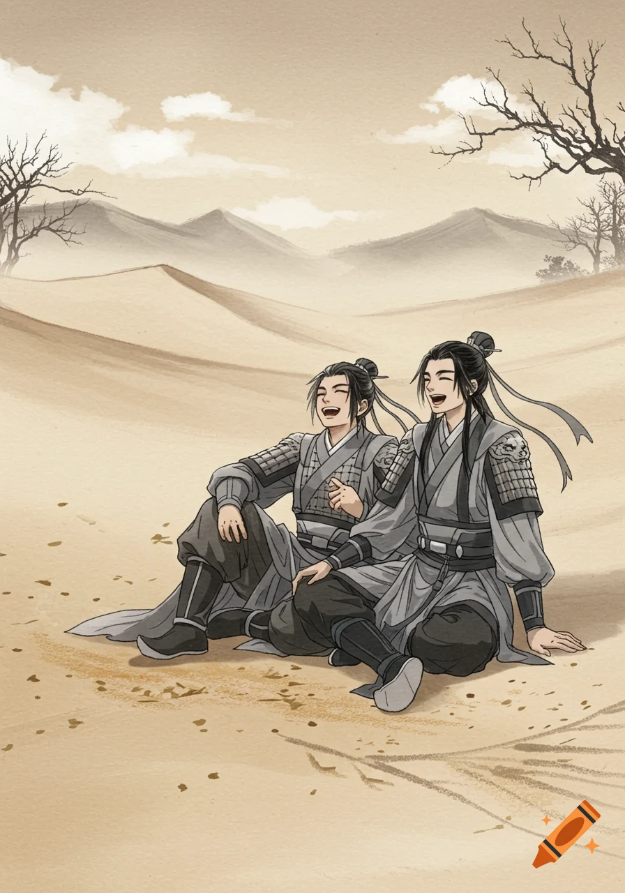 Two young men in ancient Chinese general attire sit laughing in a sandy ...