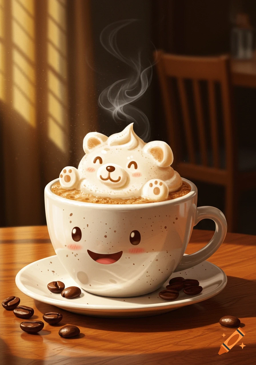 Cute steaming coffee cup with a whipped cream bear latte art and coffee beans on a wooden table ...