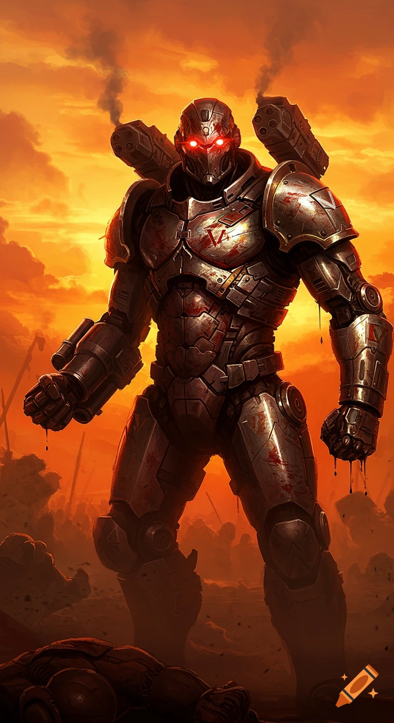 Close-up of a tactical samurai helmet with an orange glowing oni mask ...