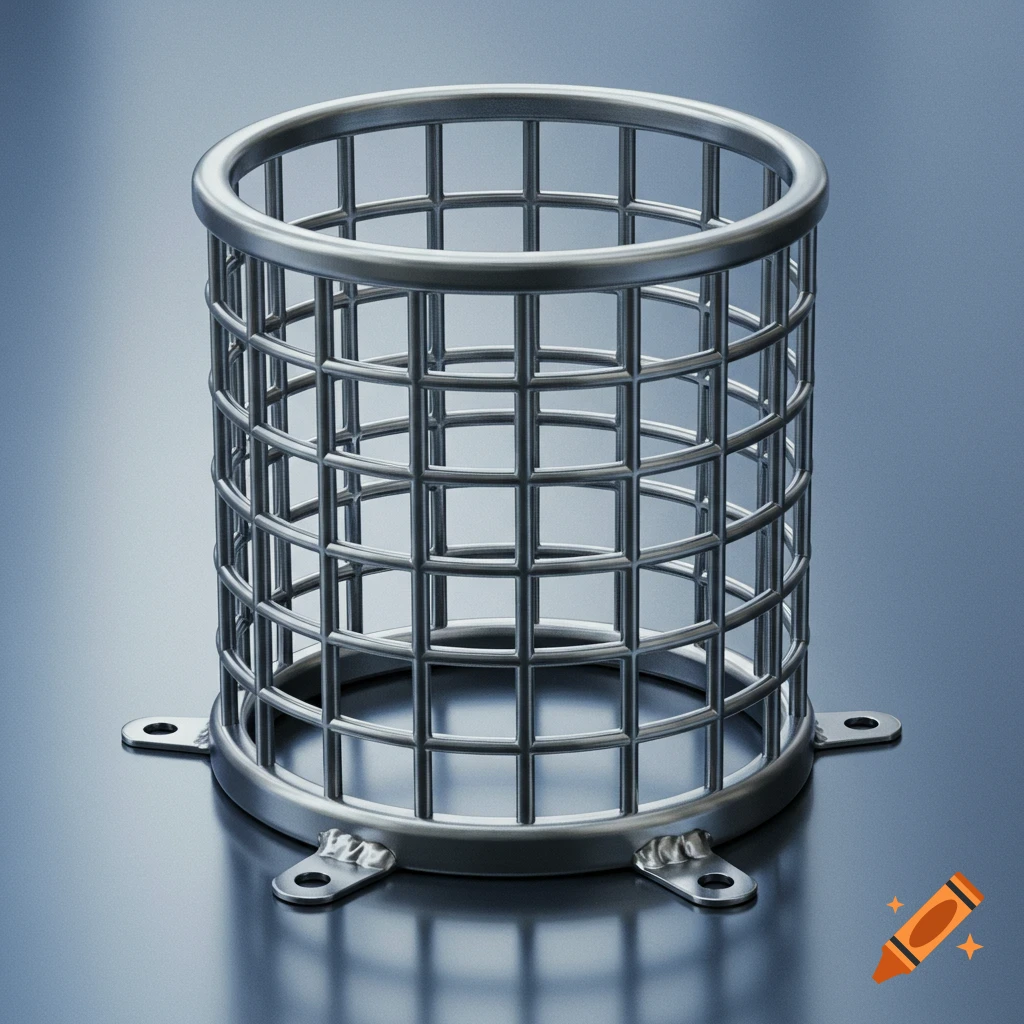 A photorealistic render of a silver cylindrical metal cage with a grid ...
