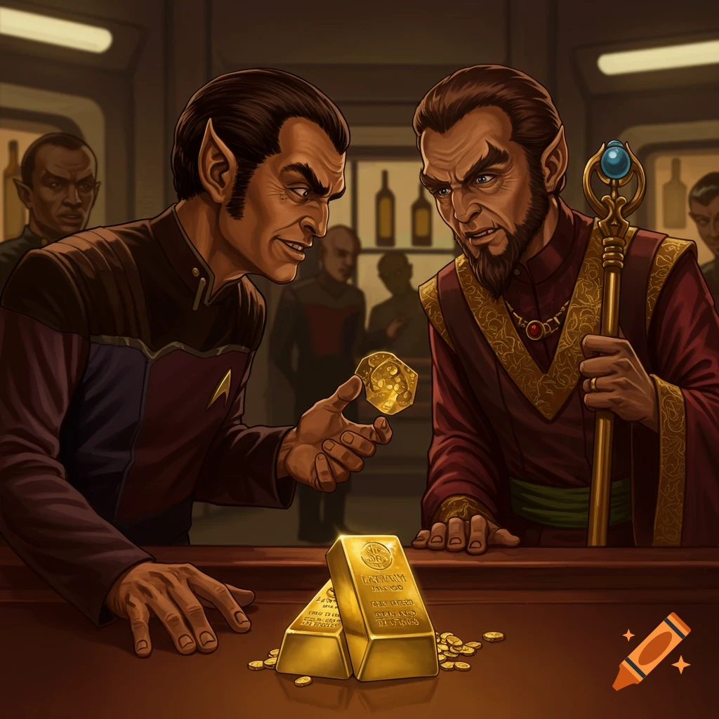 Two Ferengi, one in a Starfleet uniform and one in ornate robes ...