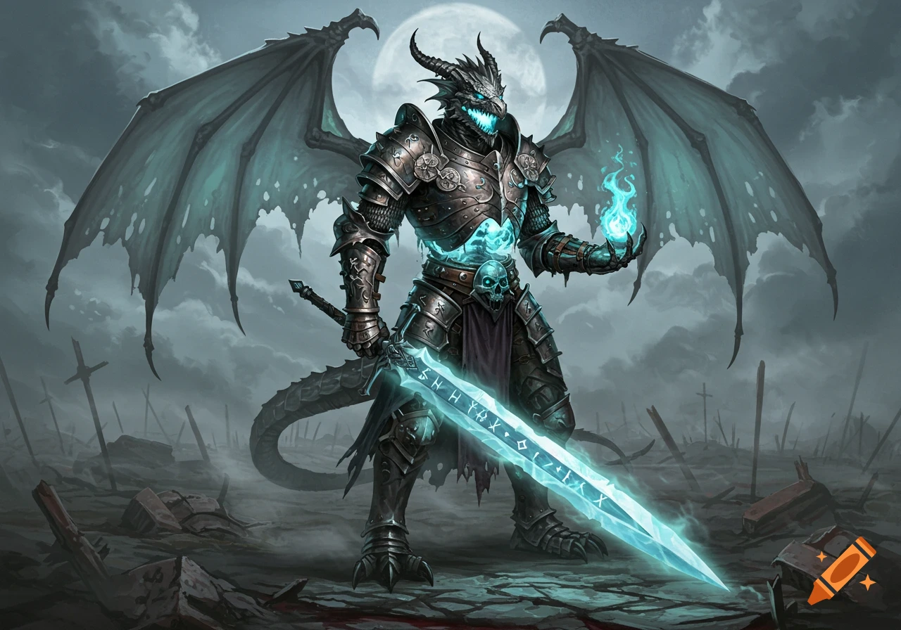 A gold armored, steampunk dragon-humanoid sorcerer casts a spell ...