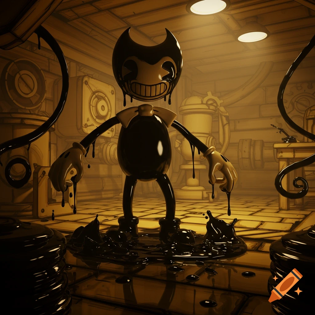 Bendy, a black and white cartoon character, stands in a dark, ink ...