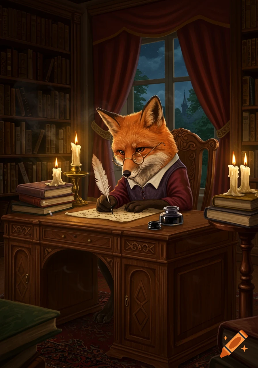 A wise red fox in glasses writes with a quill at a wooden desk in a ...