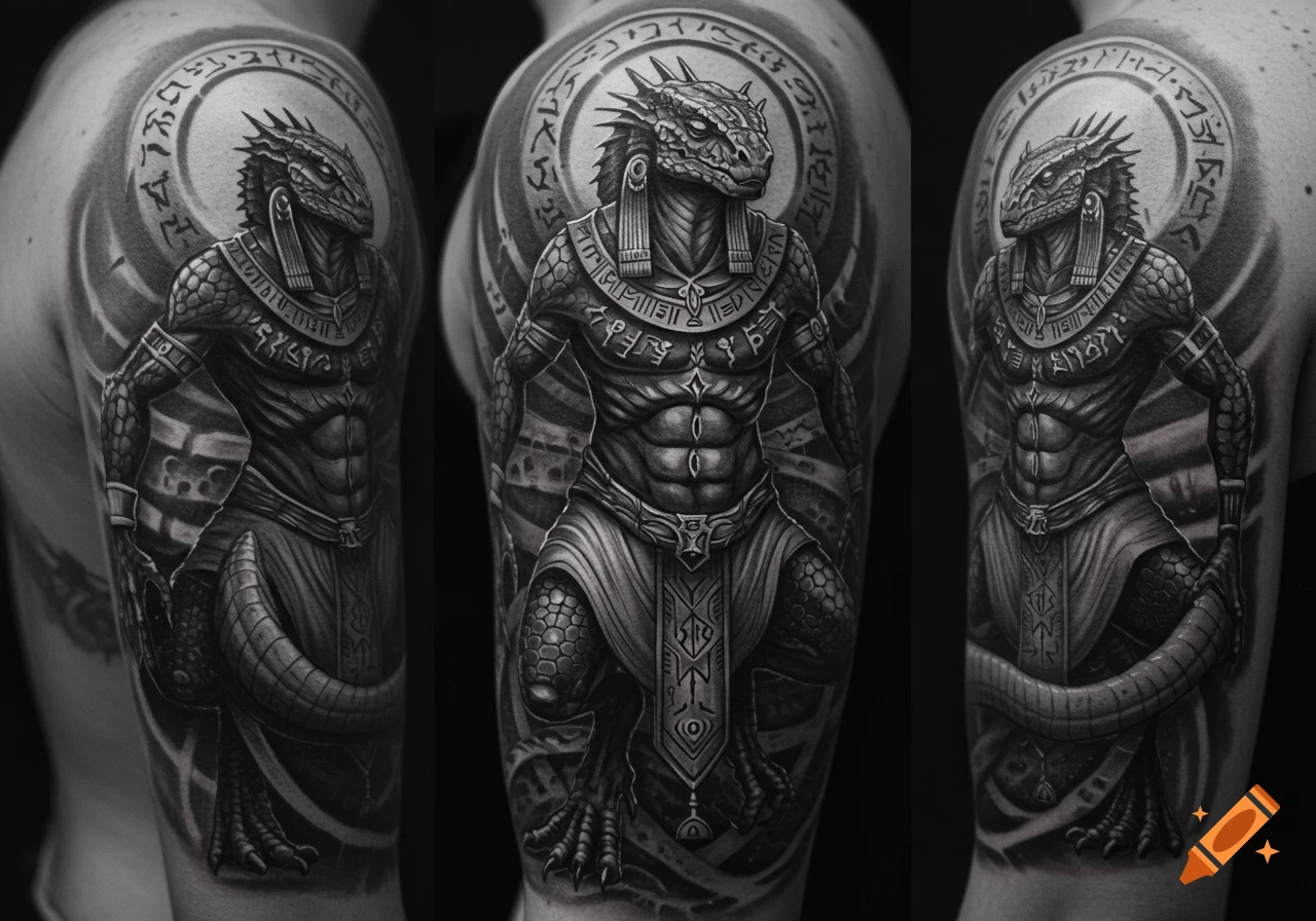 Black and white tattoo of Anubis, the Egyptian god with a jackal head ...