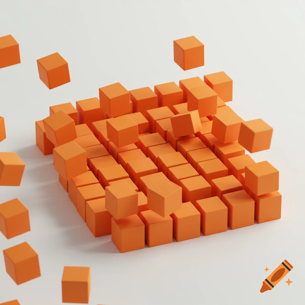 Orange cubes forming a square structure on a white background, with ...