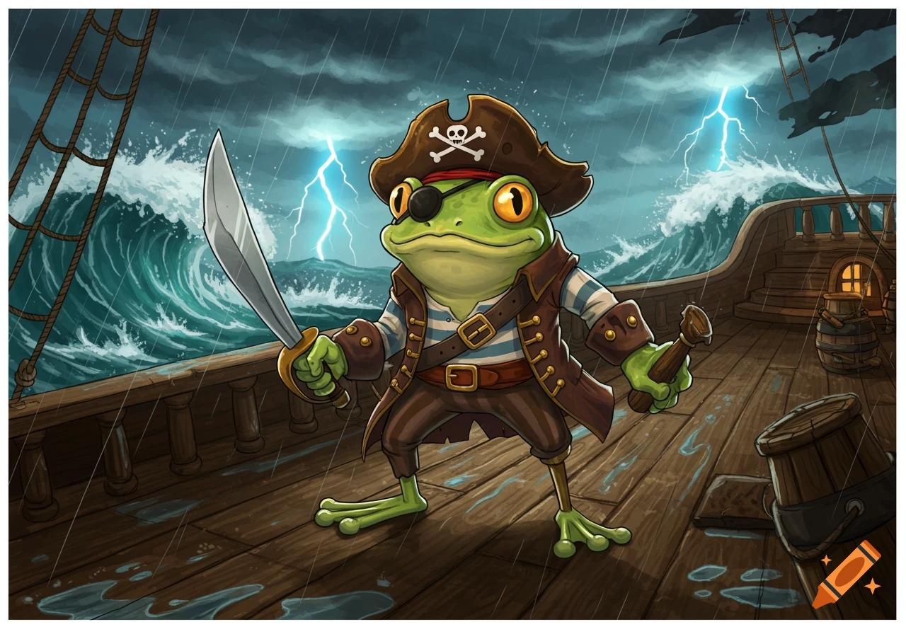 A cartoon pirate frog with an eyepatch and sword stands on a ship deck ...