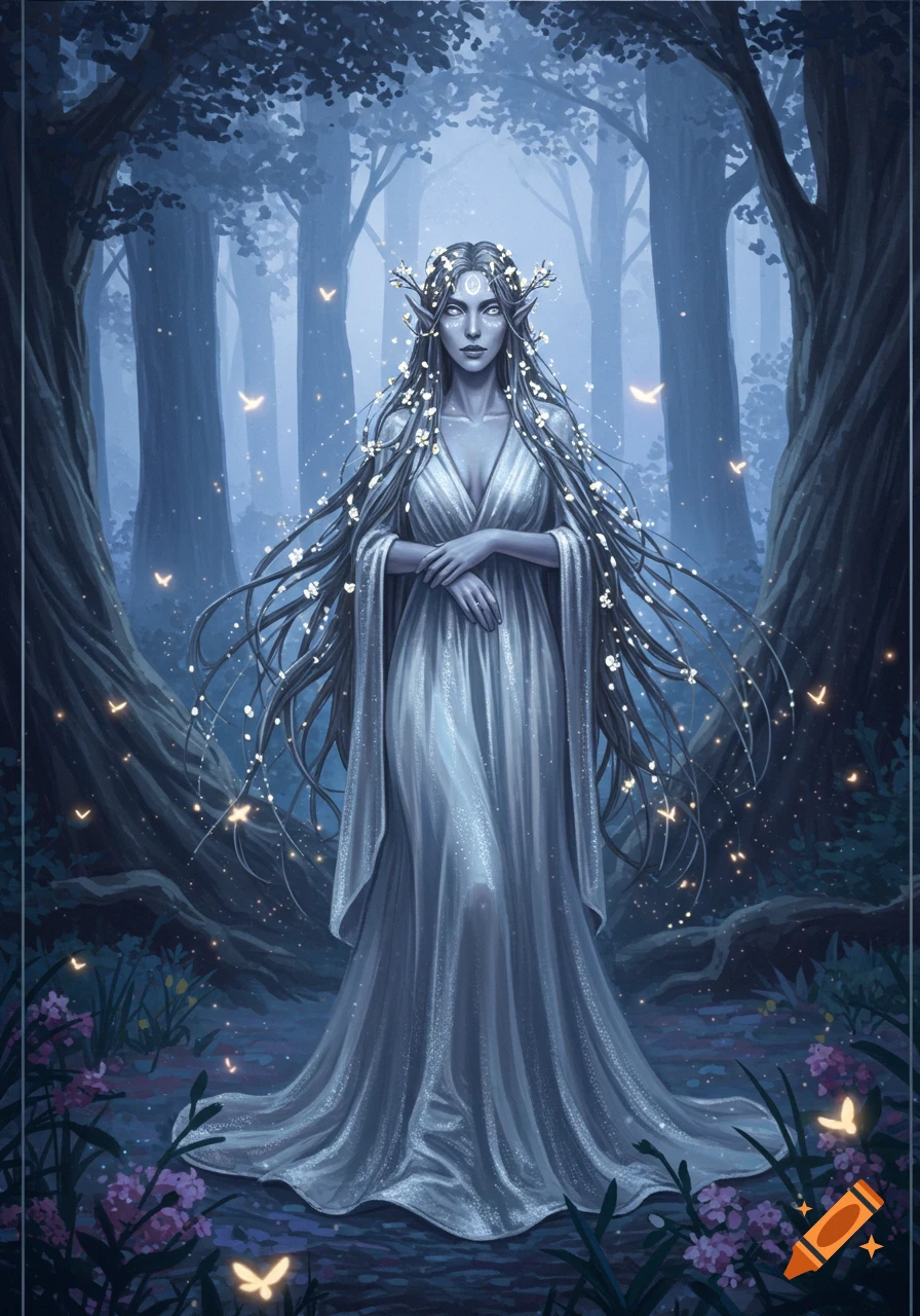 An ethereal elf-like woman kneels, touching a glowing crystalline fox ...