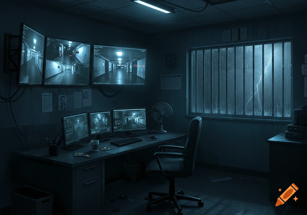 A dirty, gritty factory workshop with two drill presses, a green safety ...