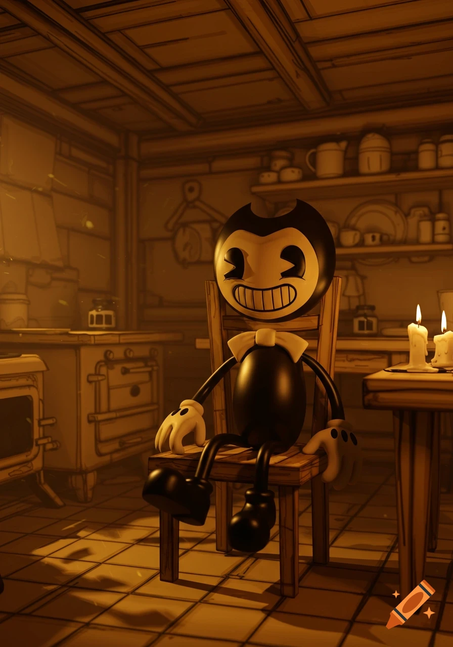 Bendy, a black and white cartoon character, sits smiling in a rustic ...